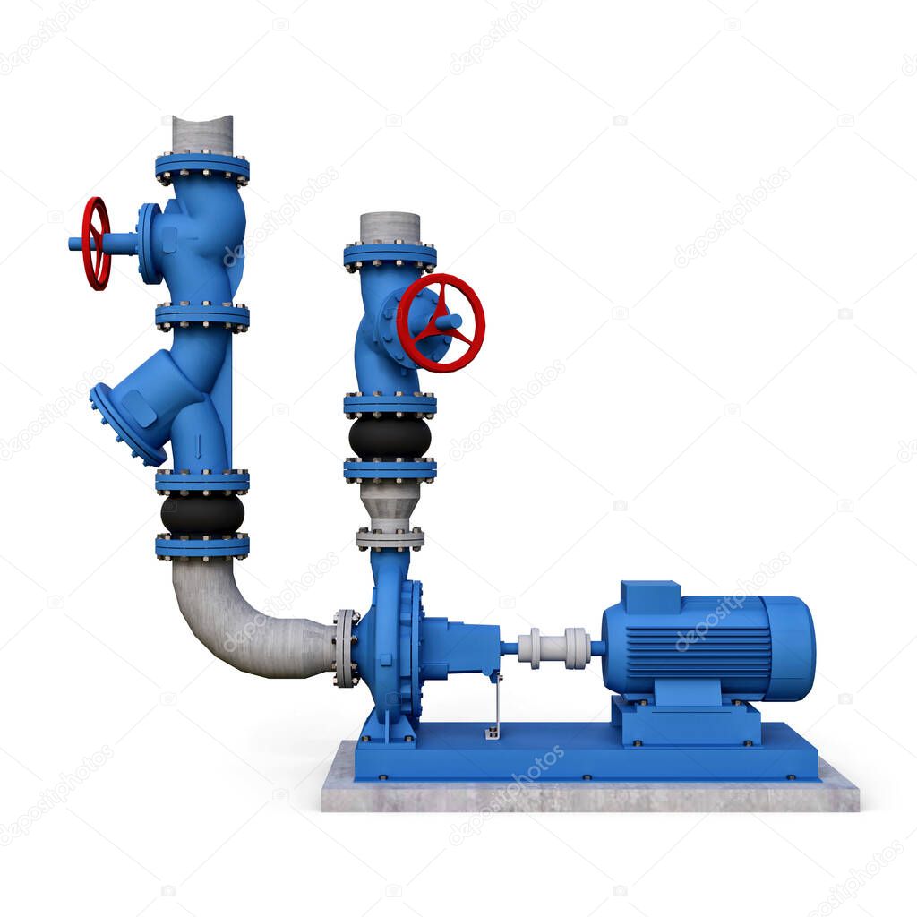 Modelo 3D de una bomba industrial y sección de tubería con válvulas de ...