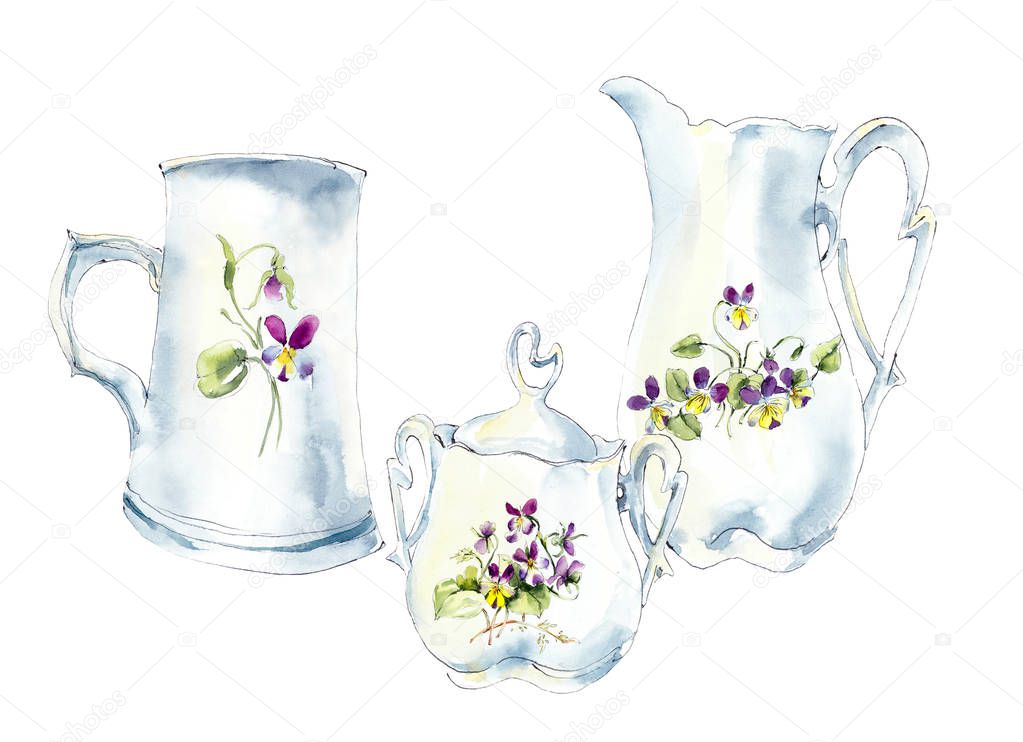 Set de hora del té con platos de porcelana. Acuarela ilustración ...