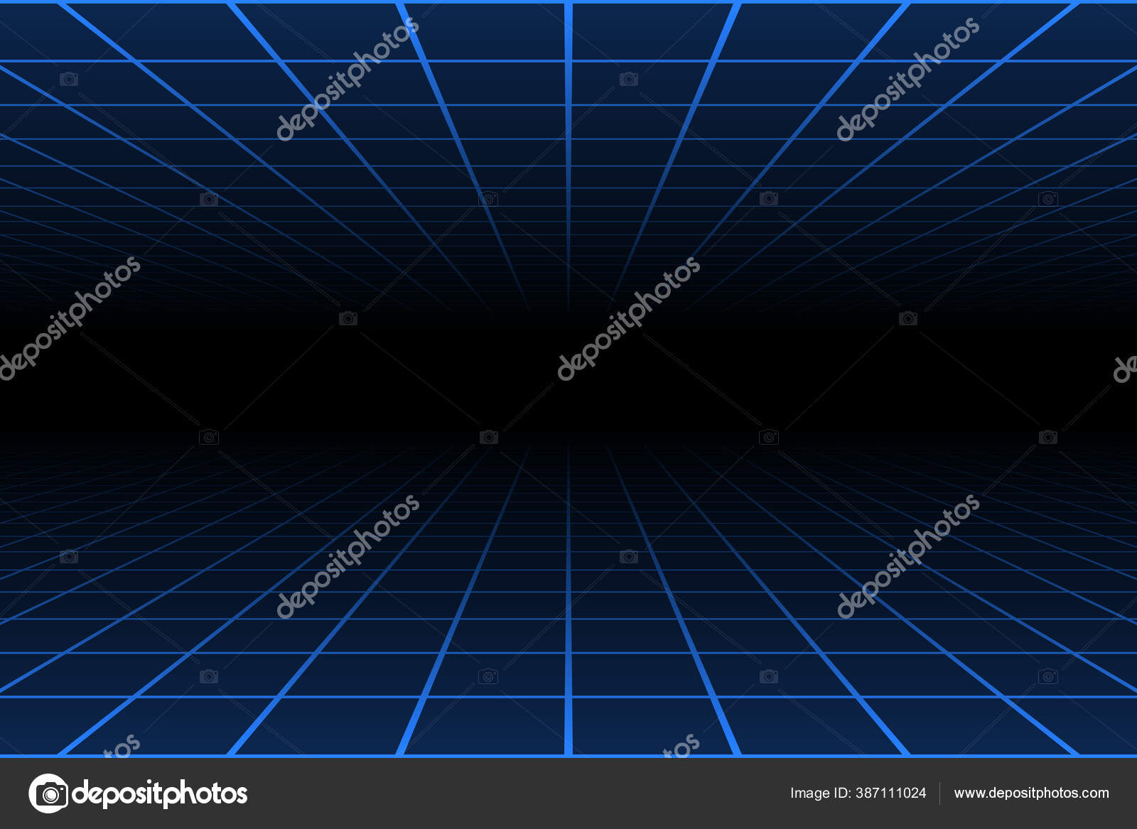 One Point Perspective Blue Light Grid Dark Background Copy Space Stock ...