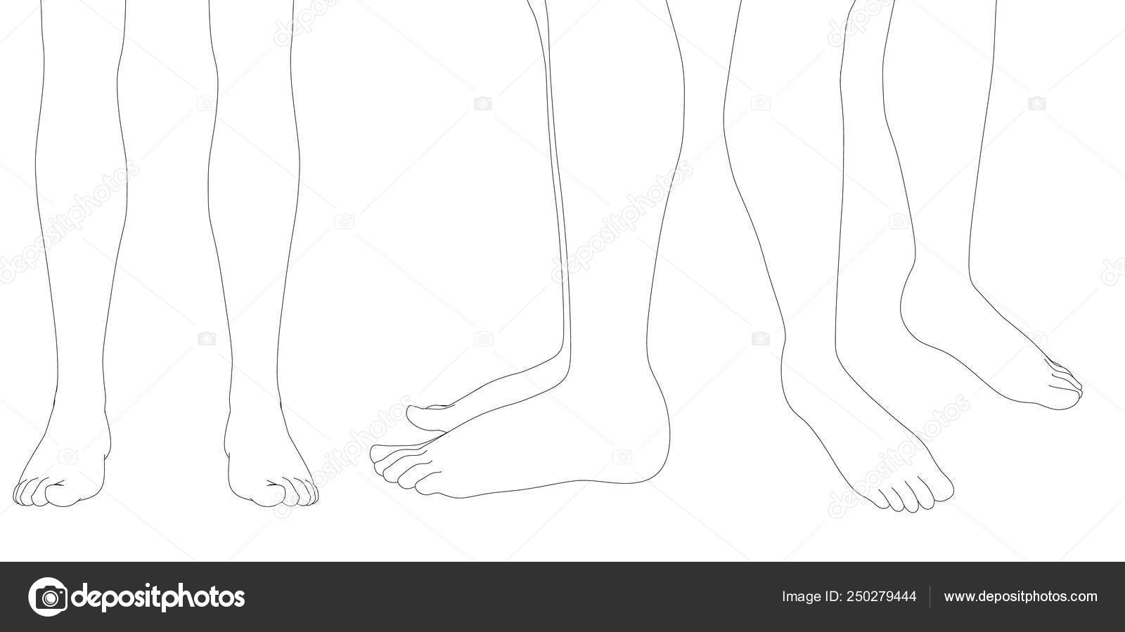 Set with contours of human legs. Feet with different types of black ...