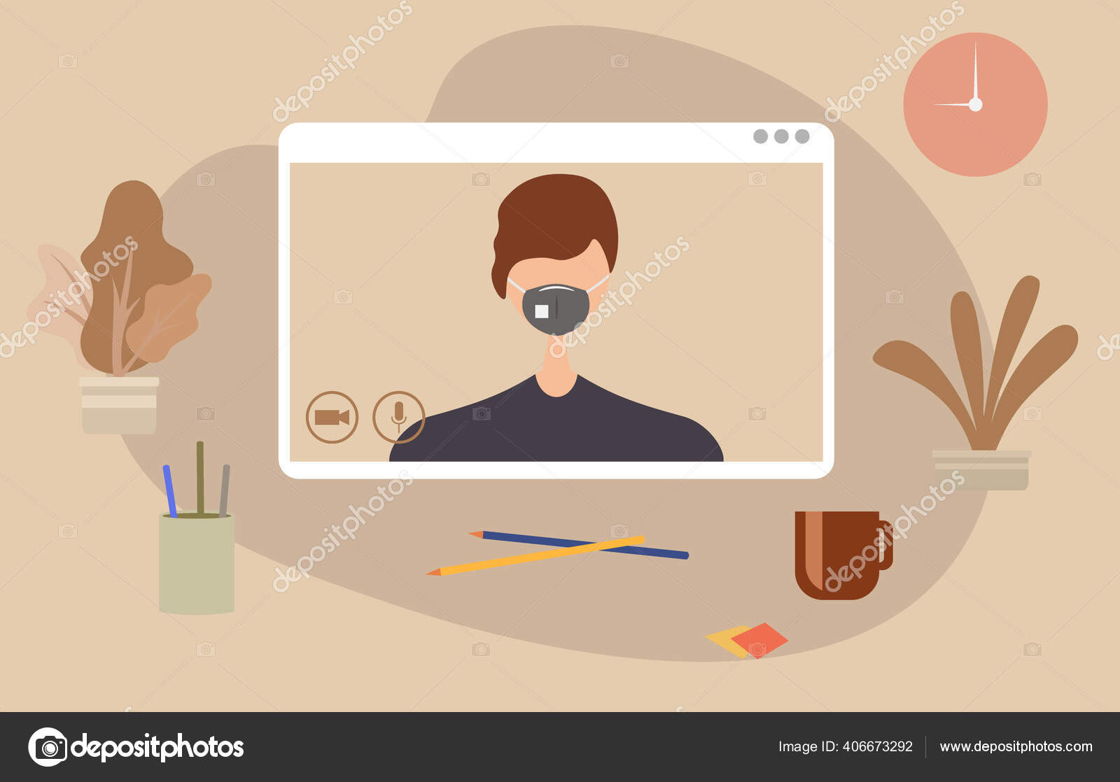 Young Human Character Using Video Call Interface Remote Online Meeting ...