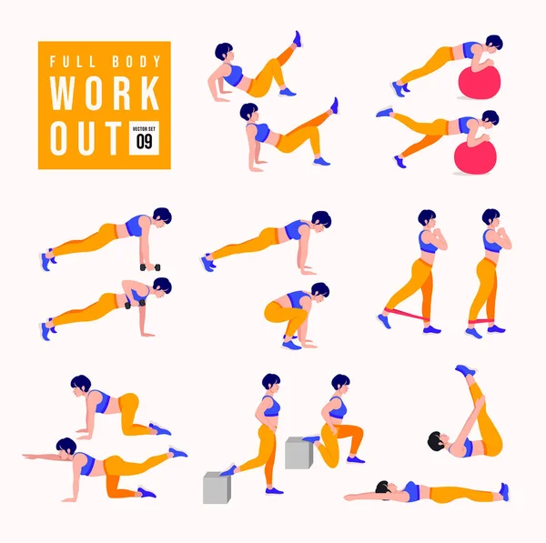 Full Body Workout Set Women Doing Fitness Yoga Exercises Lunges Stock ...