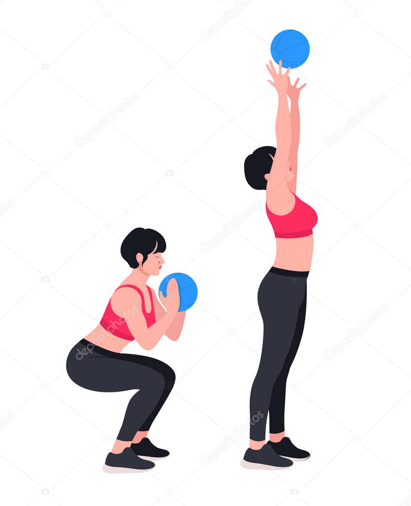 mujer haciendo ejercicios con balón de medicina. Salidas, flexiones ...