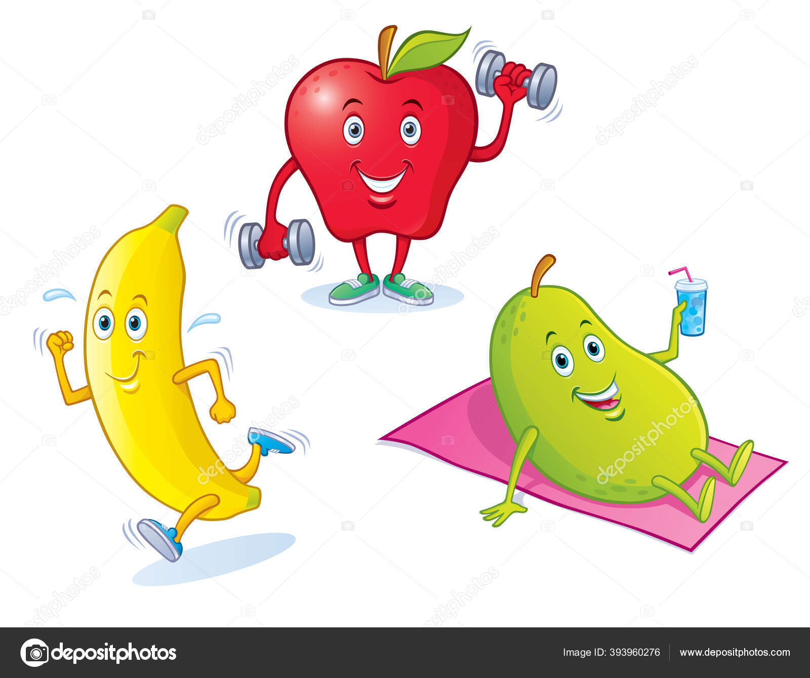 Cartoon Illustrations Fun Happy Fruit Characters Exercising Relaxing ...