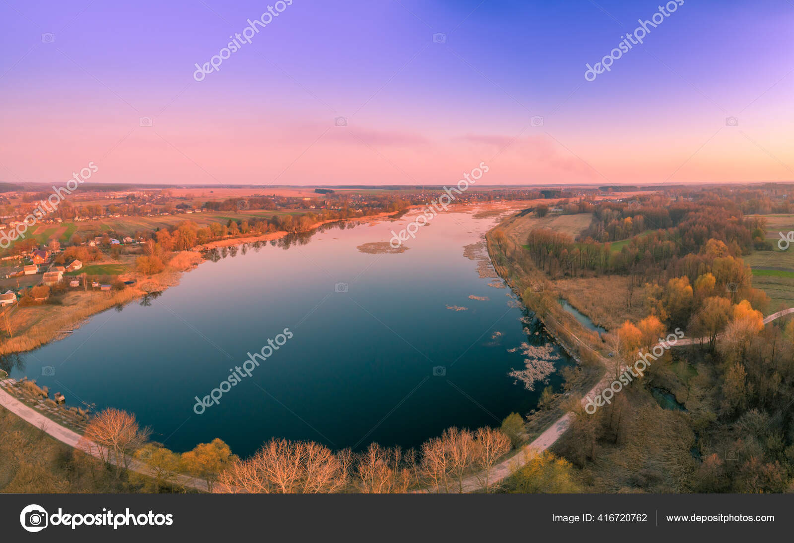 Spring Rural Landscape Evening Aerial View Panoramic View Village Lake ...