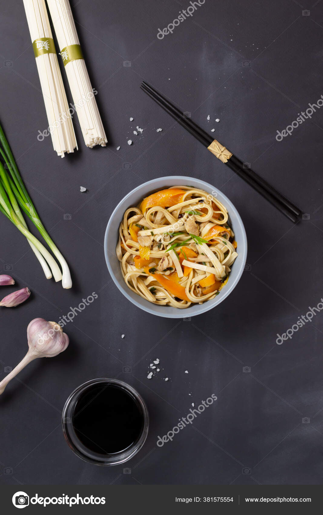 Udon Noodles Chicken Soy Sauce Bamboo Sticks Fresh Ingredients Black ...