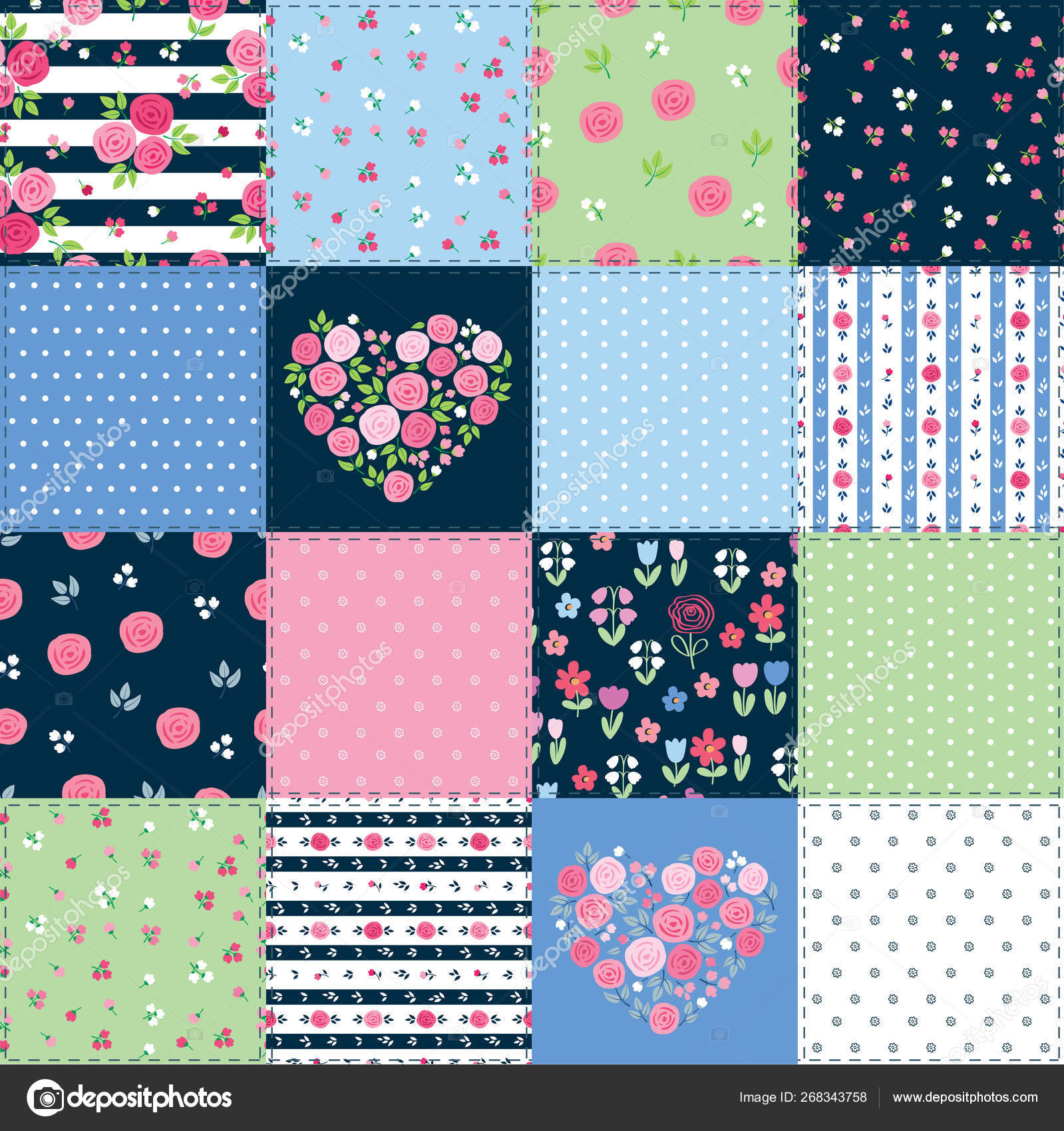 Spring patchwork background with different flowers patterns Stock ...