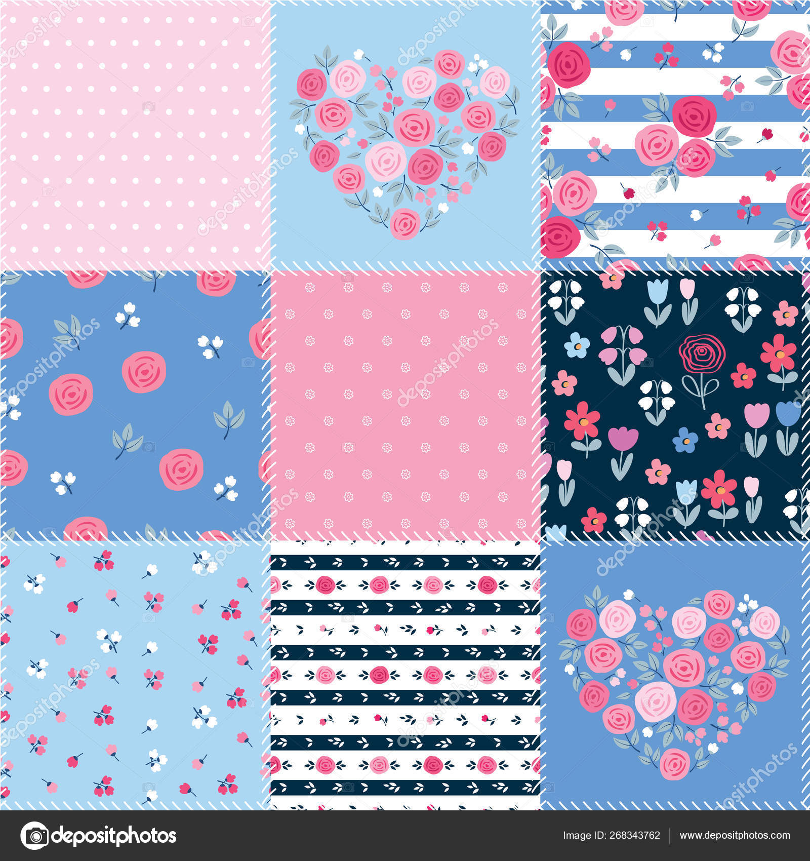 Spring patchwork background with different flowers patterns Stock ...
