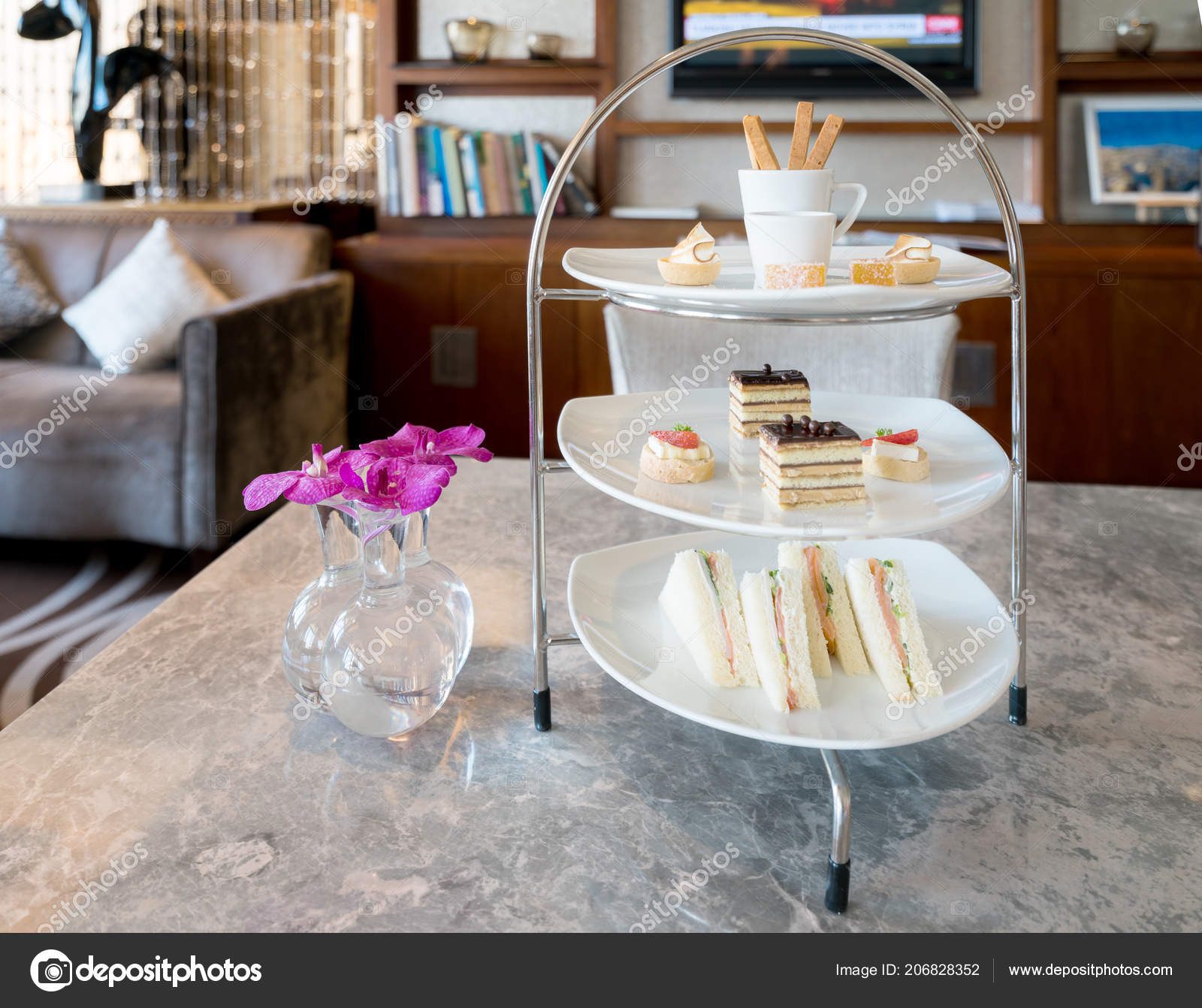 Afternoon Tea Ham Sandwich Chocolate Cake Other Snack White Plate Stock ...