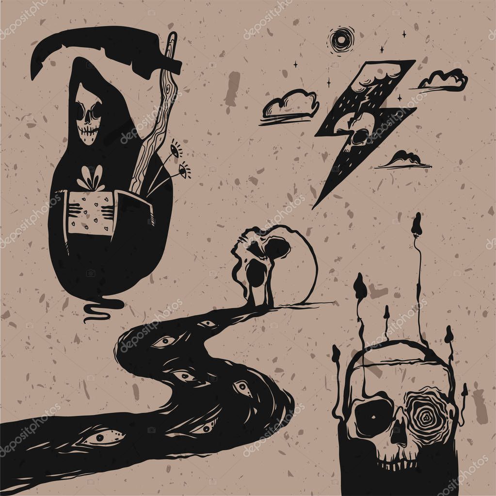 Conjunto Dibujado Mano Símbolos Muerte Vieja Escuela Vector de Stock de ...