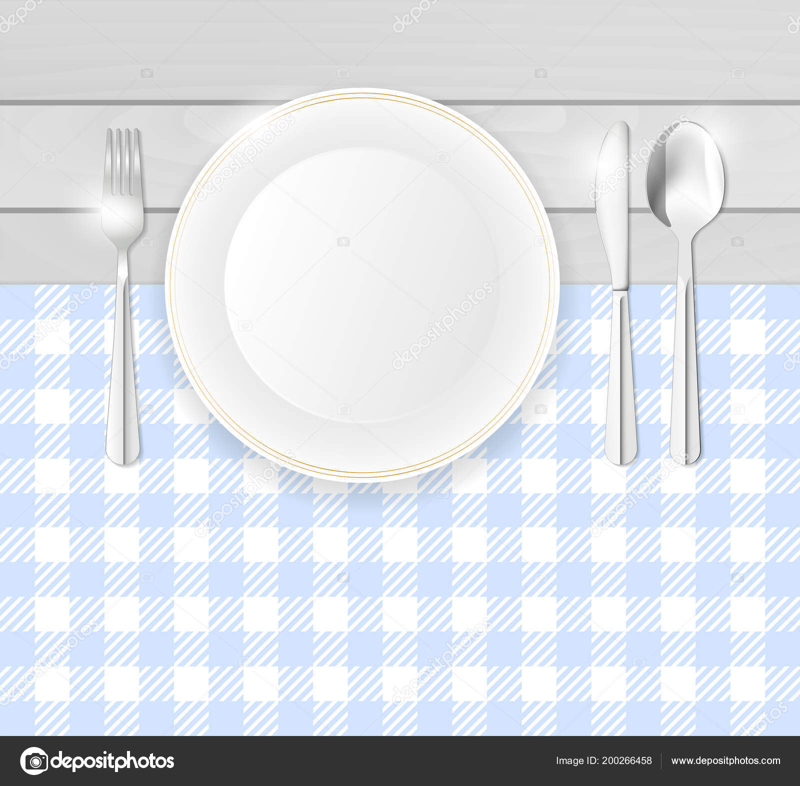 Top View Table Blue Table Cloth Porcelain Plate Stainless Cutlery Stock ...
