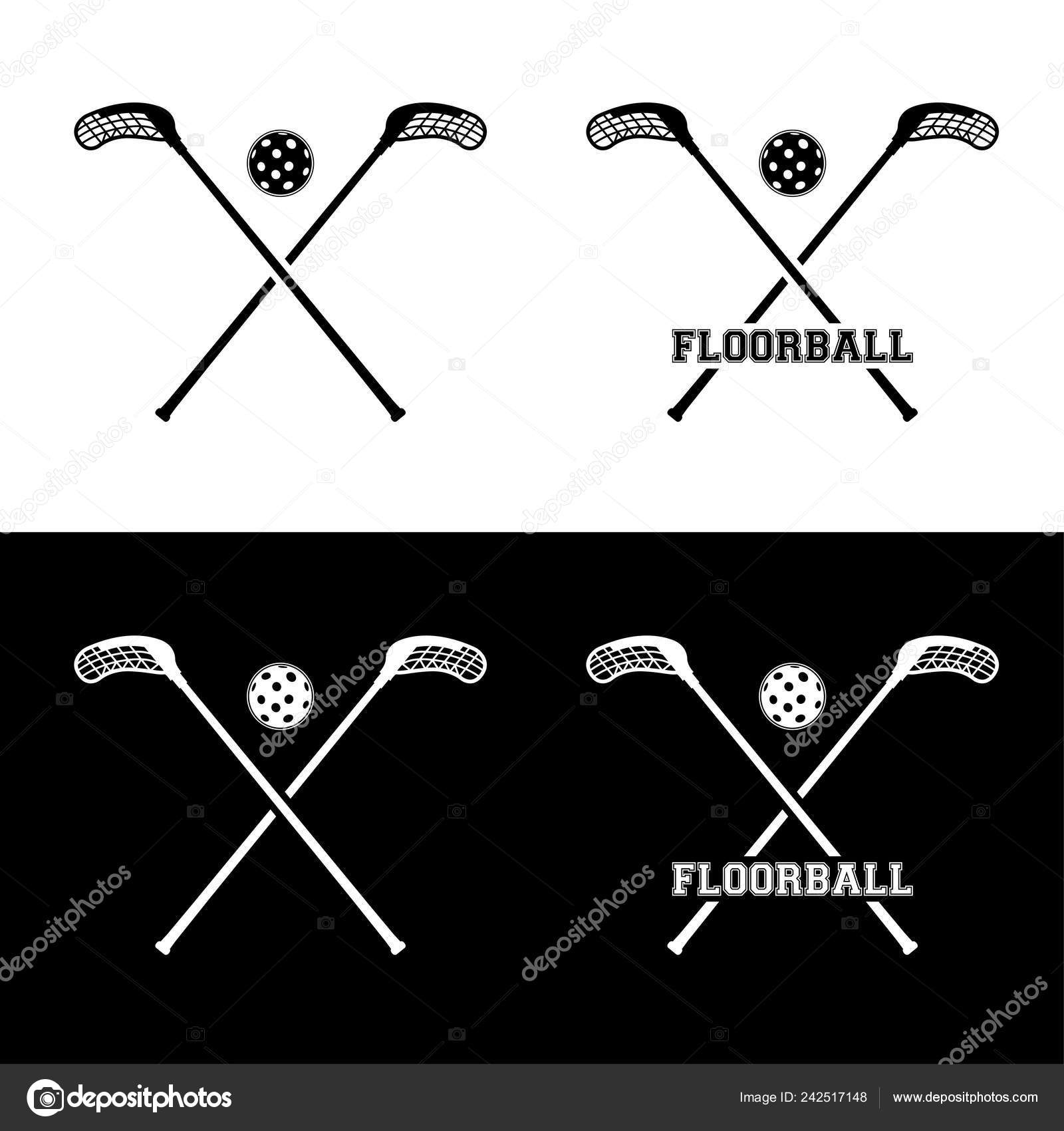 Set Floorball Icons Ball Sticks White Black Background Vector ...