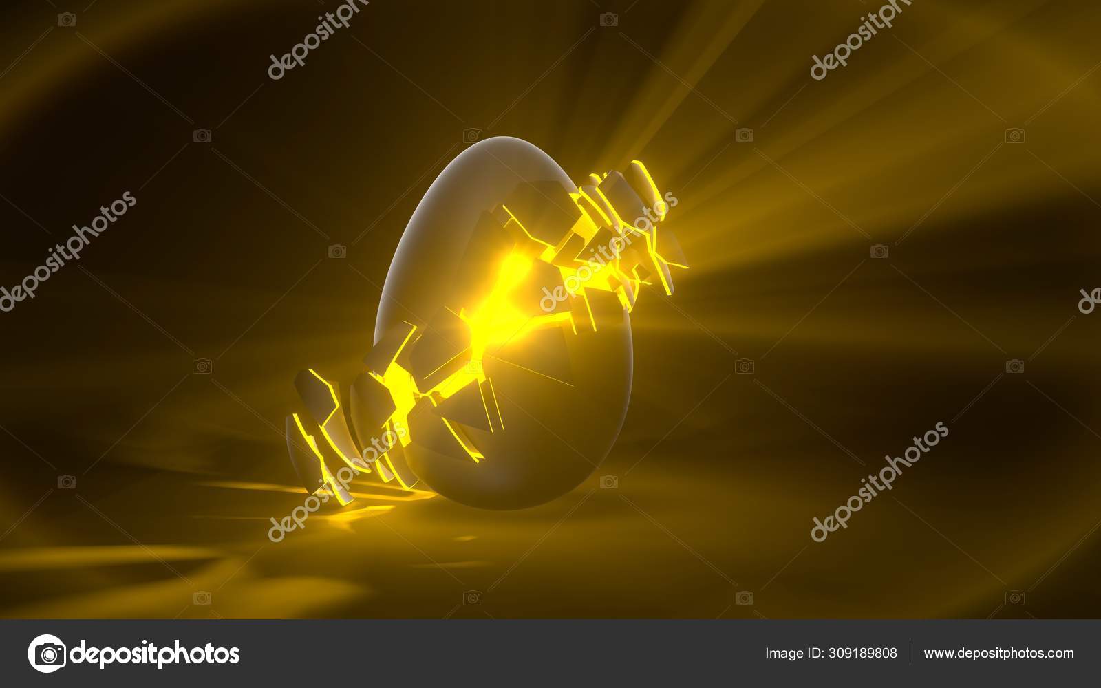 Easter egg. alien egg with yellow glowing cracks and light rays ...