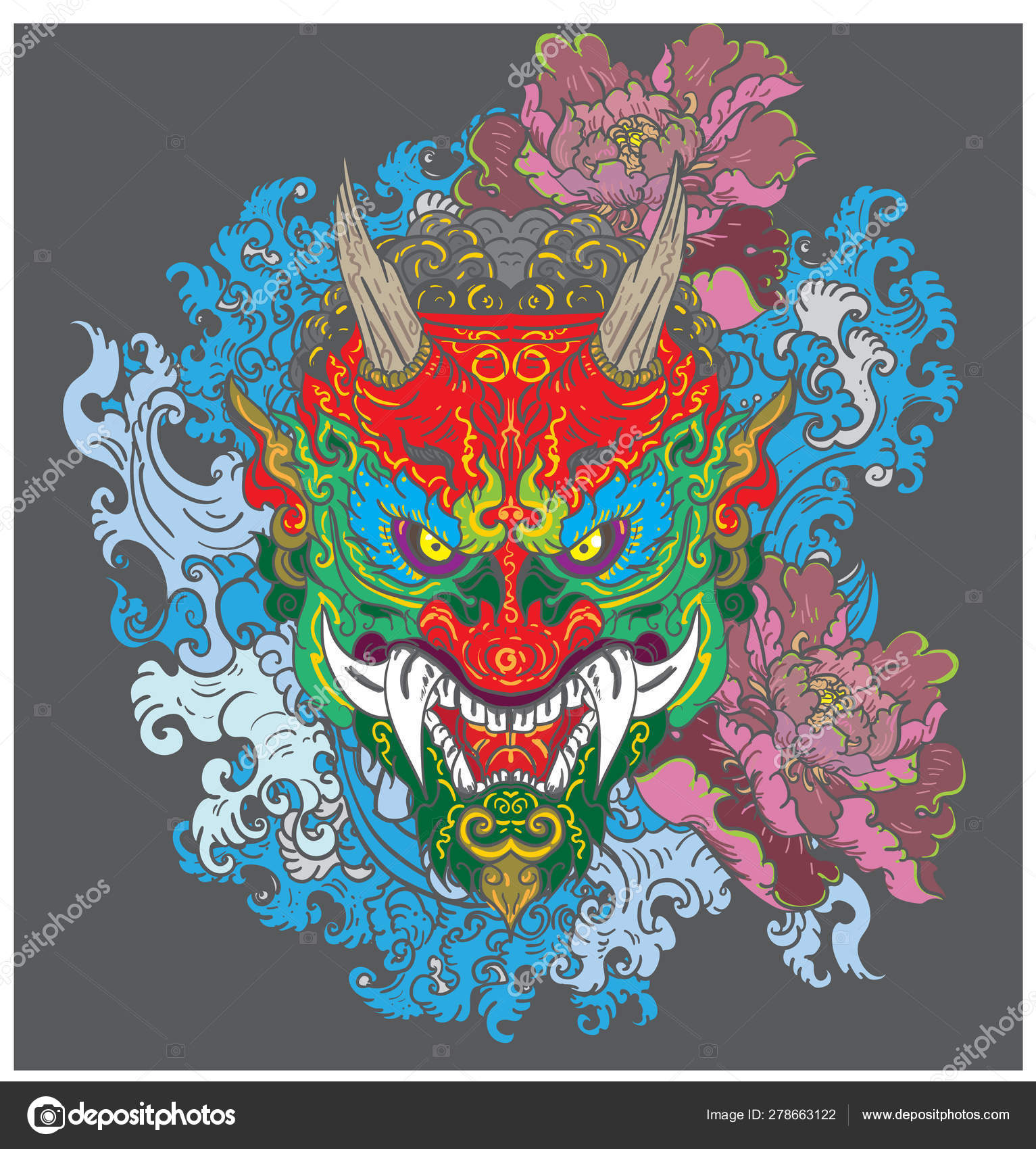 Thai Demon Mask Water Splash Peony Flower Tattoo Traditional Thai Stock ...
