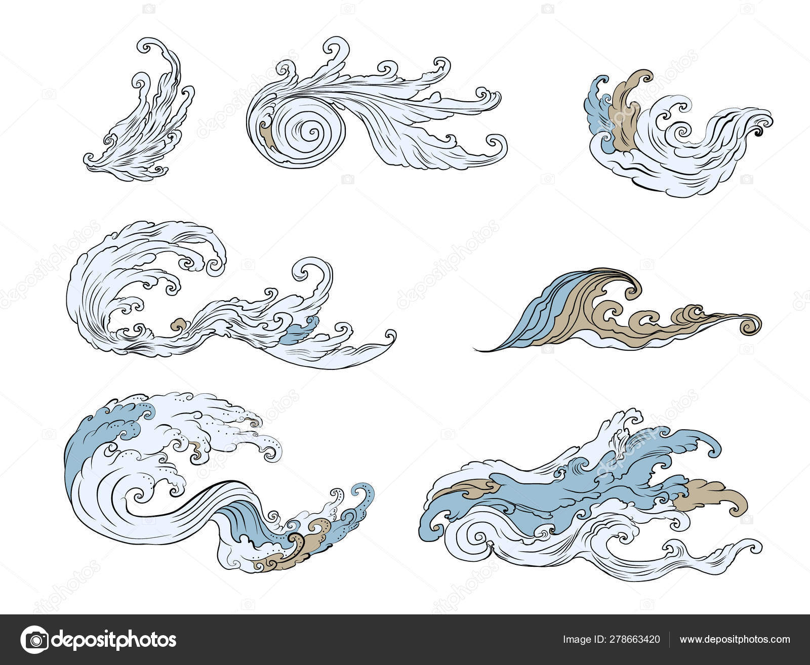 Line Thai Wave Tattoo Japanese Wave Vector Set Thai Style Stock Vector ...