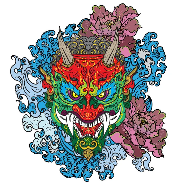 Thai Demon Mask Water Splash Peony Flower Tattoo Traditional Thai Stock ...