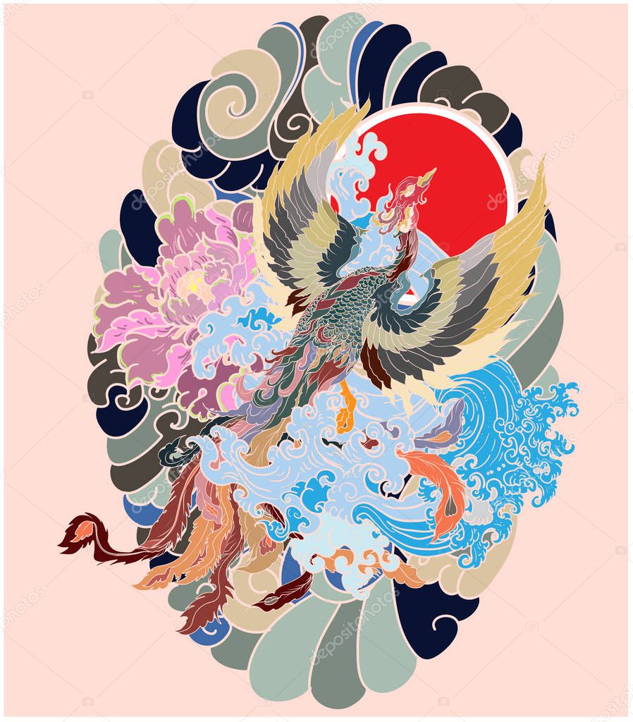 Tatuaje japonés del pavo real. Diseño asiático del tatuaje del pájaro ...