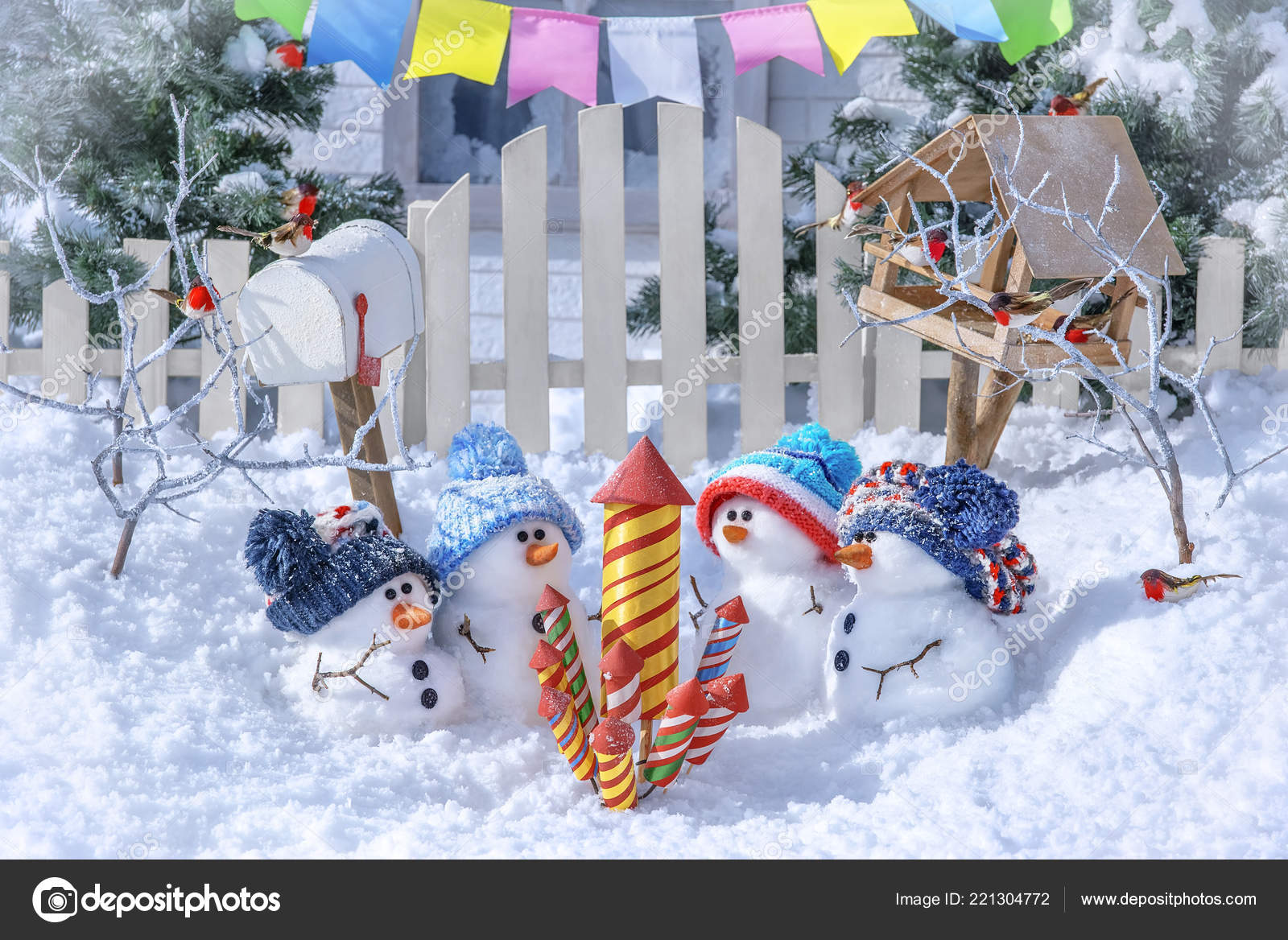 Little Snowmen Fireworks Background Winter Landscape Sunny Day Stock ...