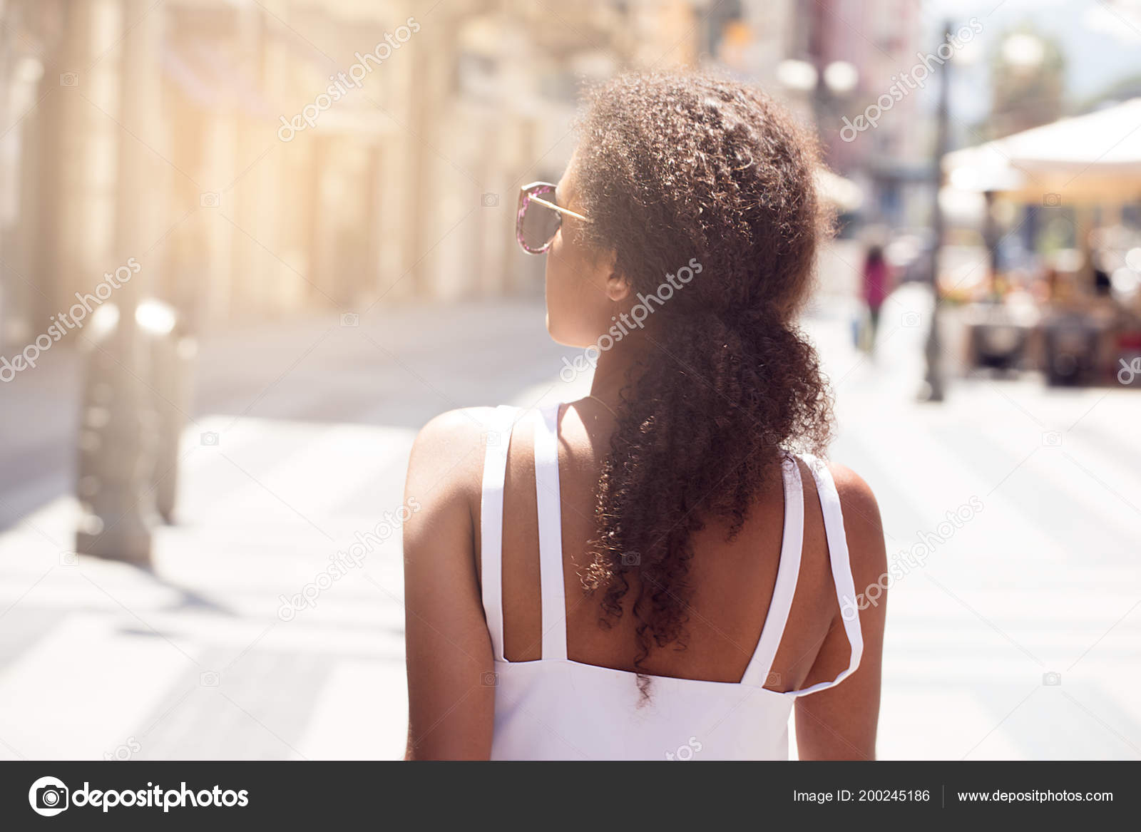 Back View Beautiful African American Girl Long Curly Hair Walking Stock ...