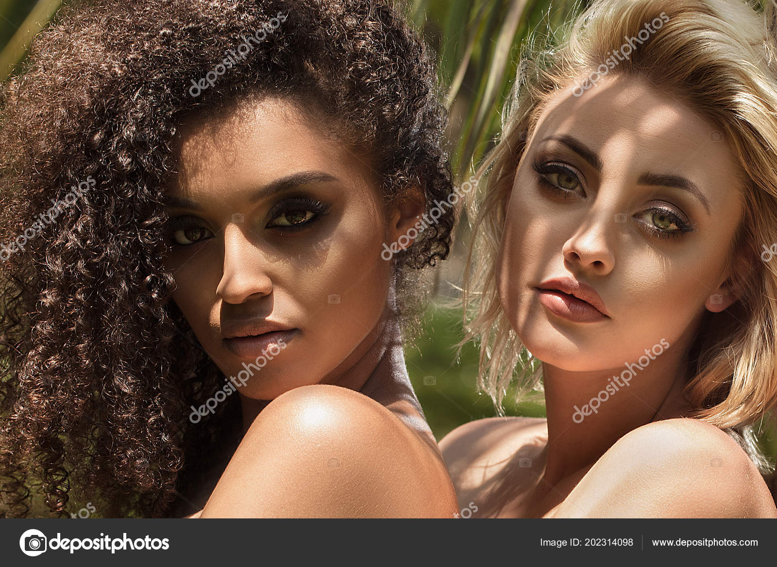 Beauty Portrait Two Multiracial Women Posing Palm Leaves Sunny Summer ...