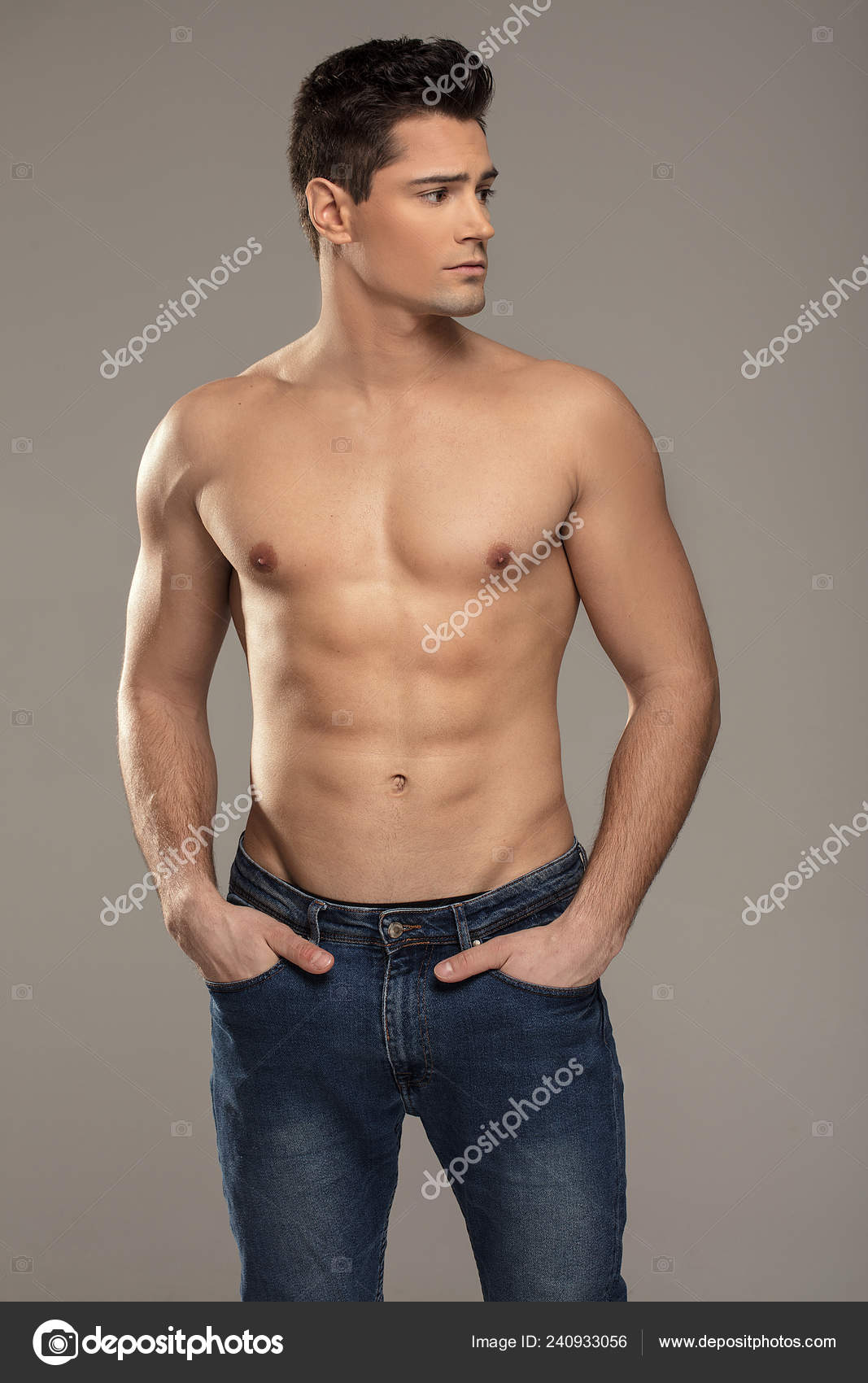 Beautiful Sporty Guy Man Muscular Torso Posing Only Jeans Studio Stock ...