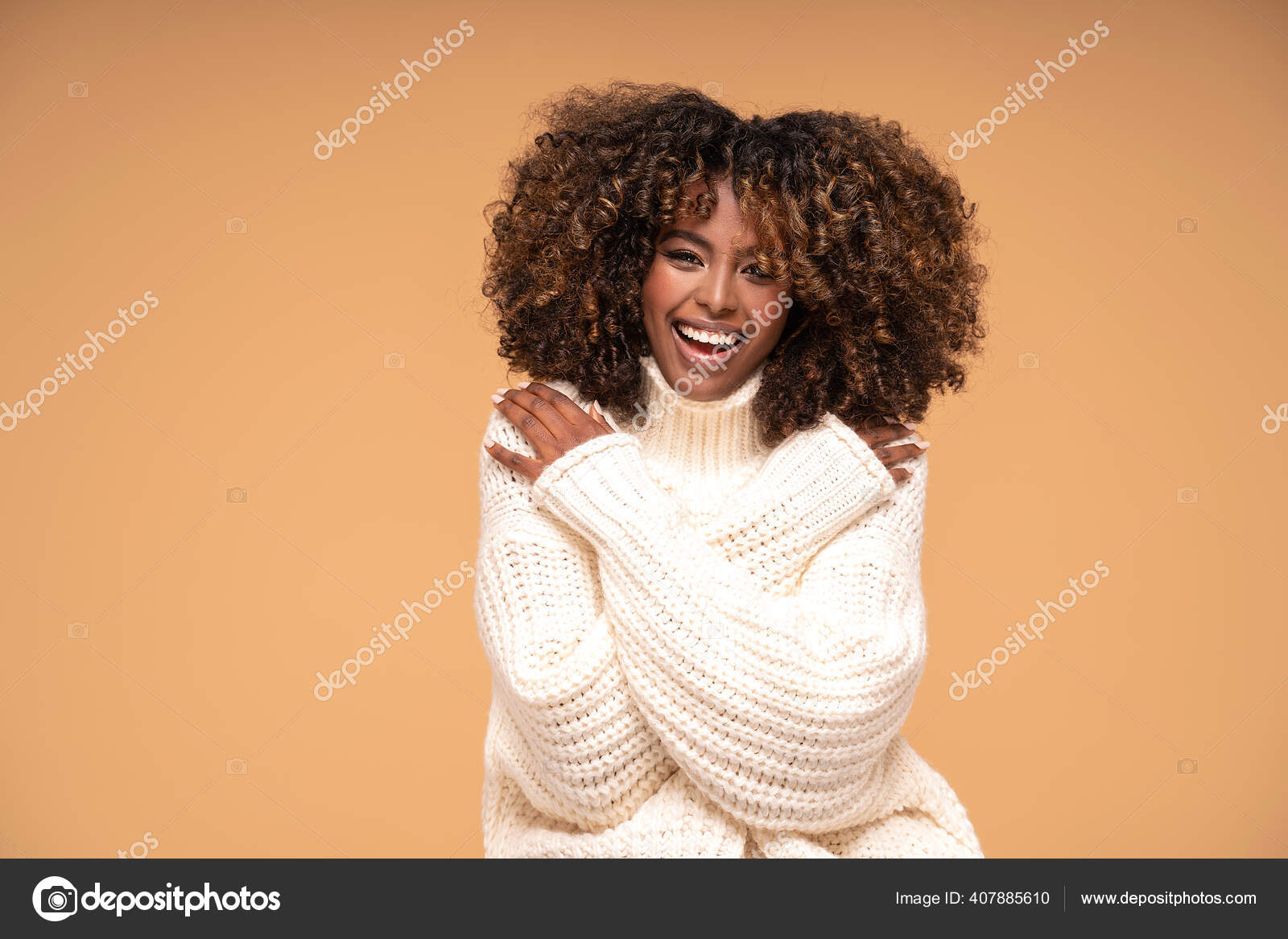Happy Beautiful African Girl Afro Hairstyle Posing Cozy Sweater Beige