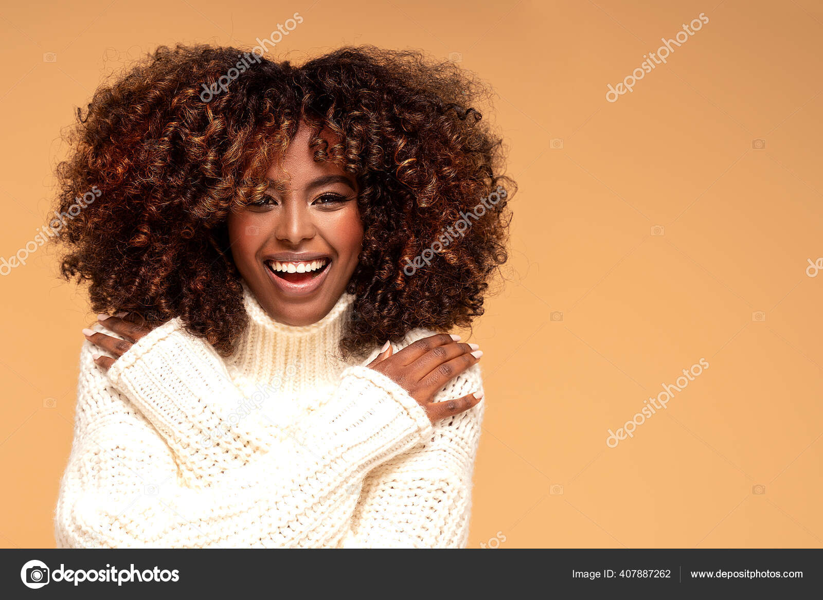 Happy Beautiful African Girl Afro Hairstyle Posing Cozy Sweater Beige