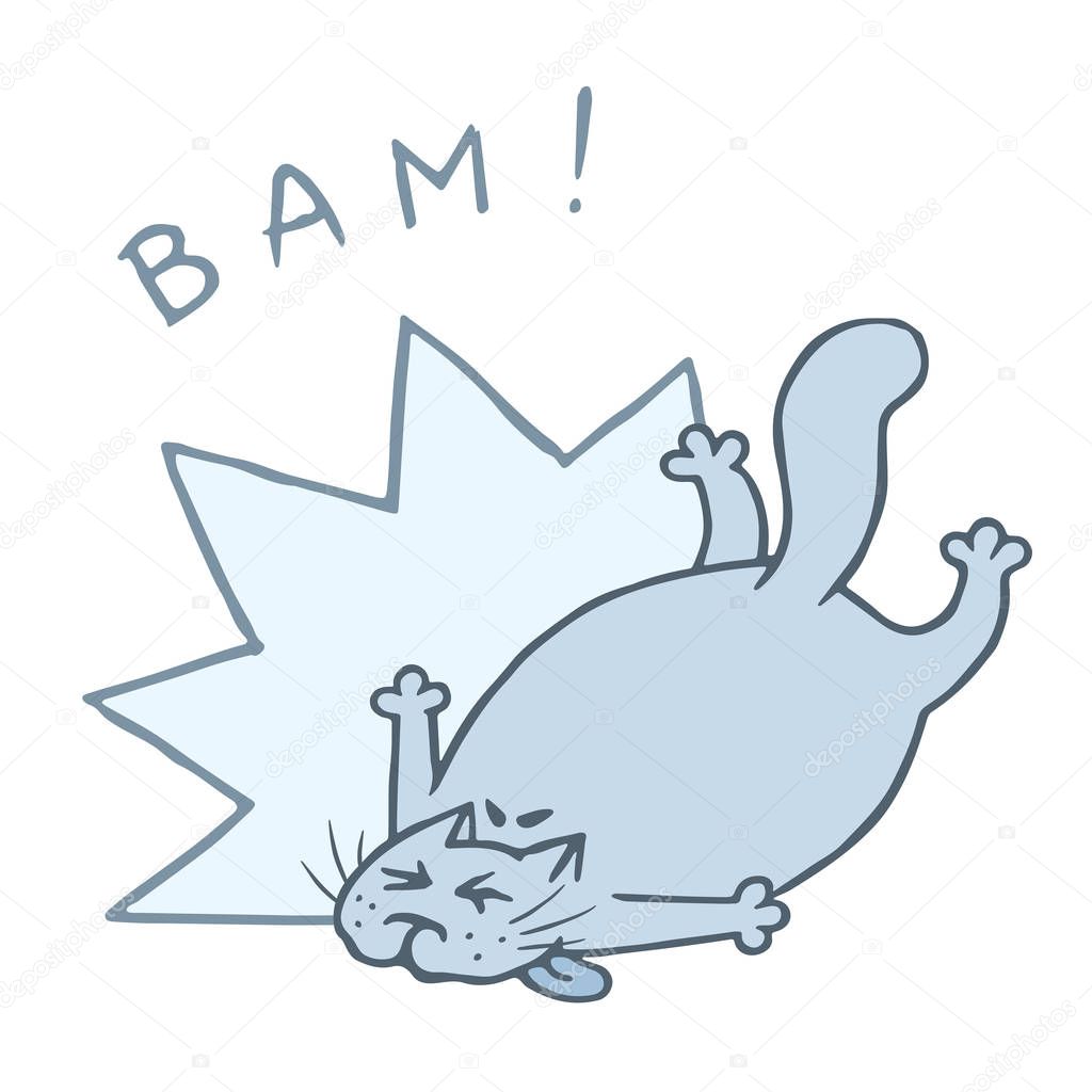 Lindo gato cae en un desmayo de shock. Gran bam. Ilustración vectorial ...
