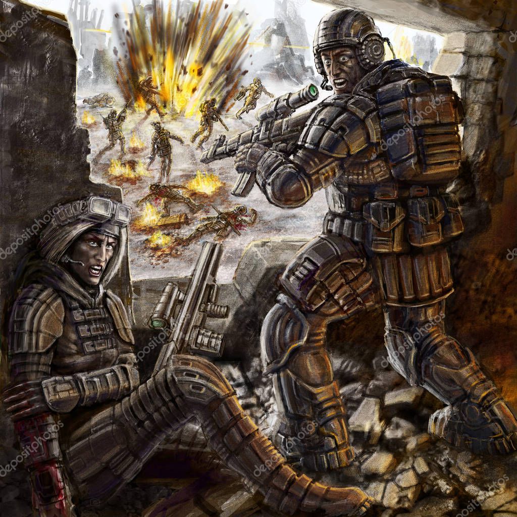 Los soldados luchan contra el ataque escondi ndose en el edificio. ilustraci n de ciencia ficci ...