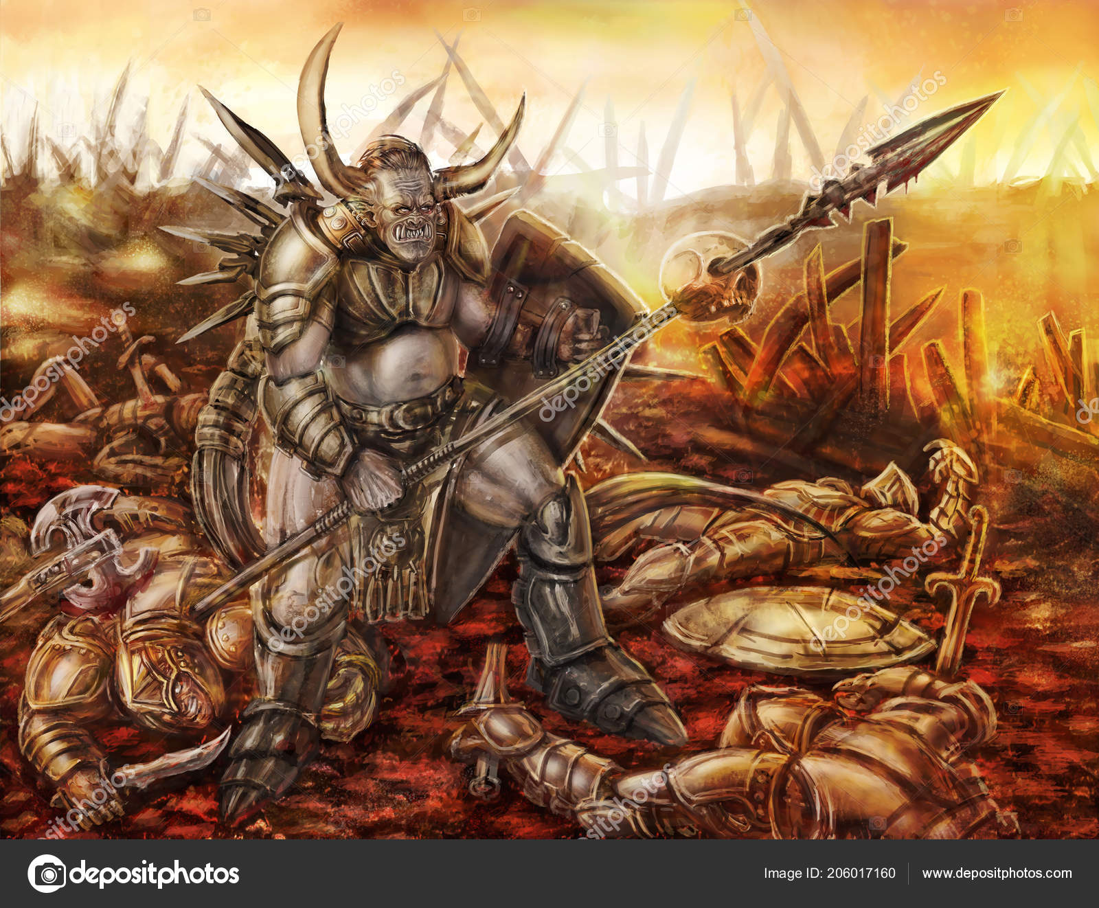 Terrible Orc Spear Standing Battlefield Genre Fantasy — Stock Photo ...