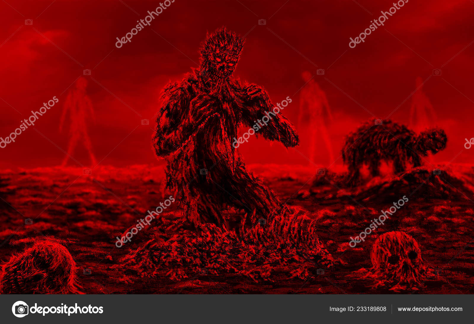Scary Zombie Sits Eats Red Background Illustration Horror Genre Stock ...
