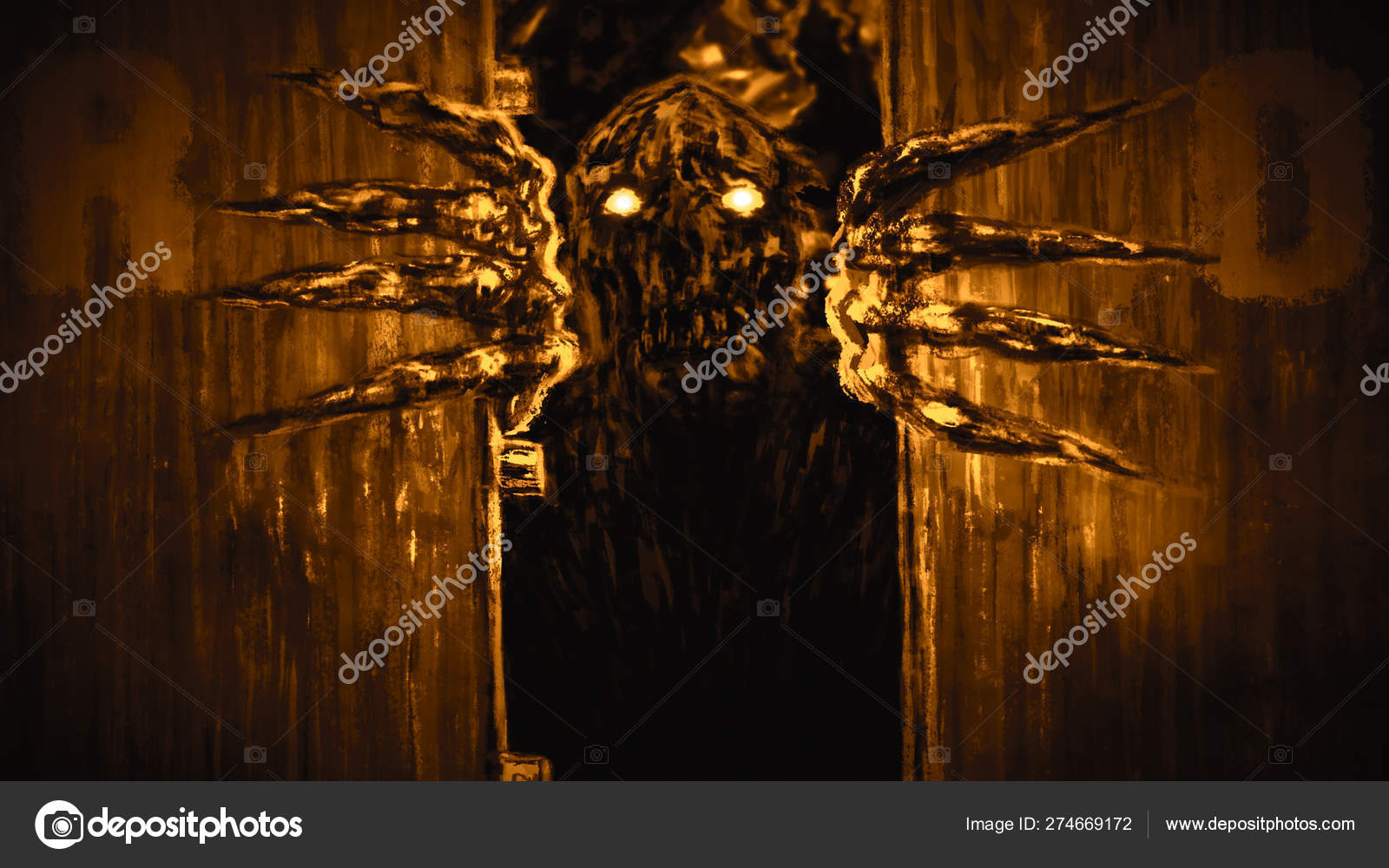 Enraged zombie monster opens bunker doors and growls. Stock Photo by ...