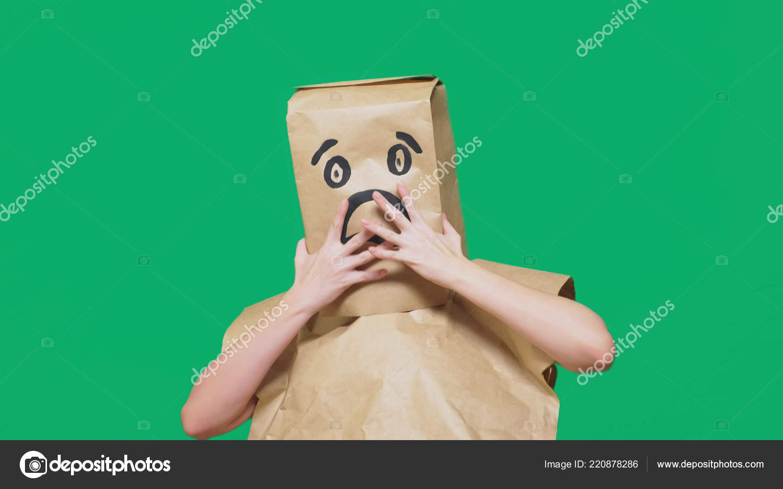 Concept Emotions Gestures Man Paper Bags His Head Painted Emoticon ...