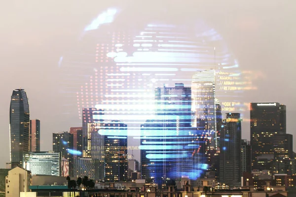 Multi exposure of abstract graphic coding sketch and world map on Los ...