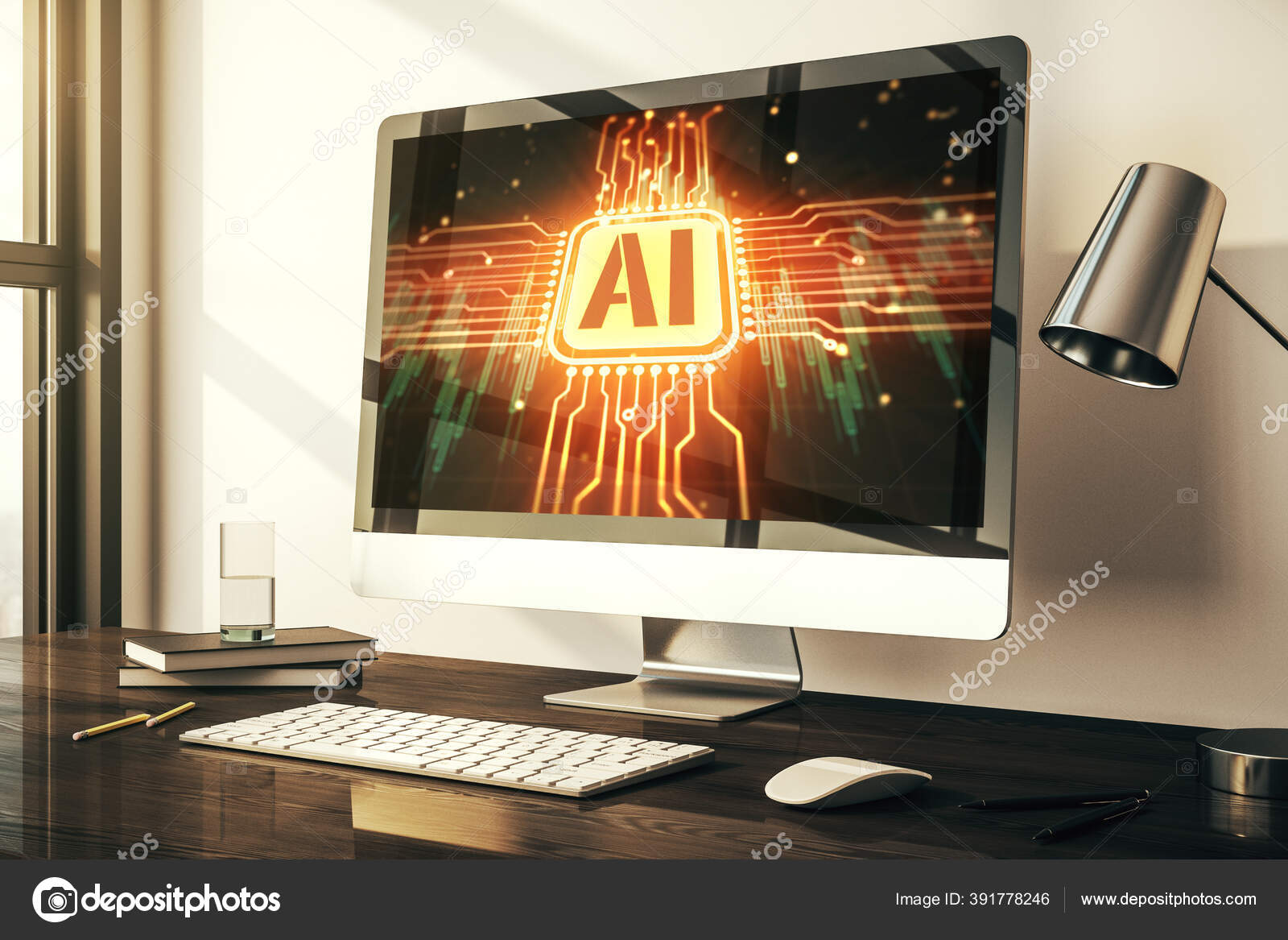 Creative artificial Intelligence symbol concept on modern laptop screen ...
