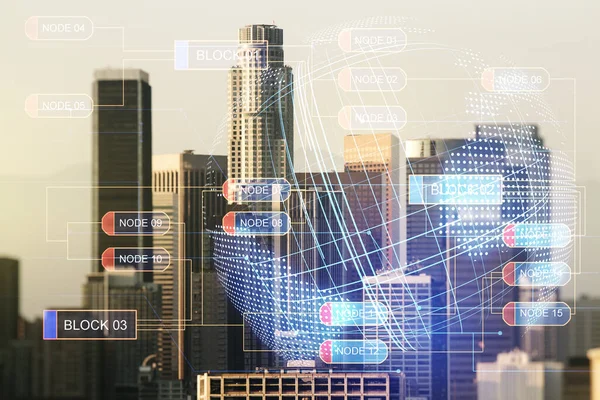 Double exposure of abstract programming language hologram and world map ...