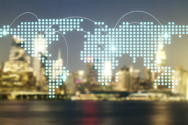 Abstract virtual world map with connections on blurry skyline ...