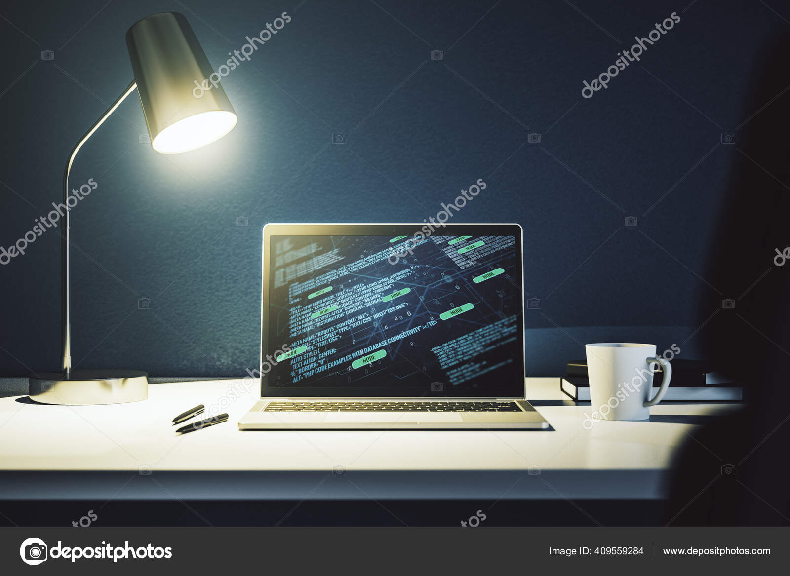 Modern computer monitor with abstract programming language, research ...