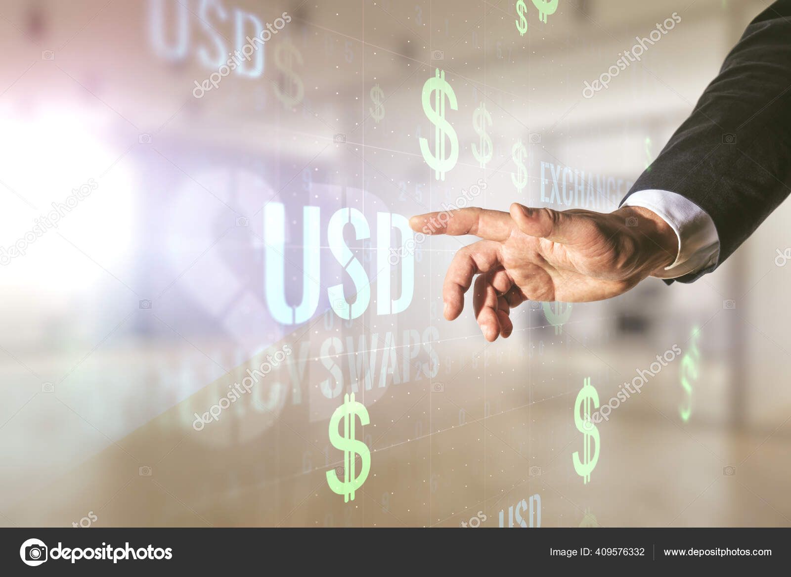 Man hand clicks on virtual USD symbols illustration on blurred office ...