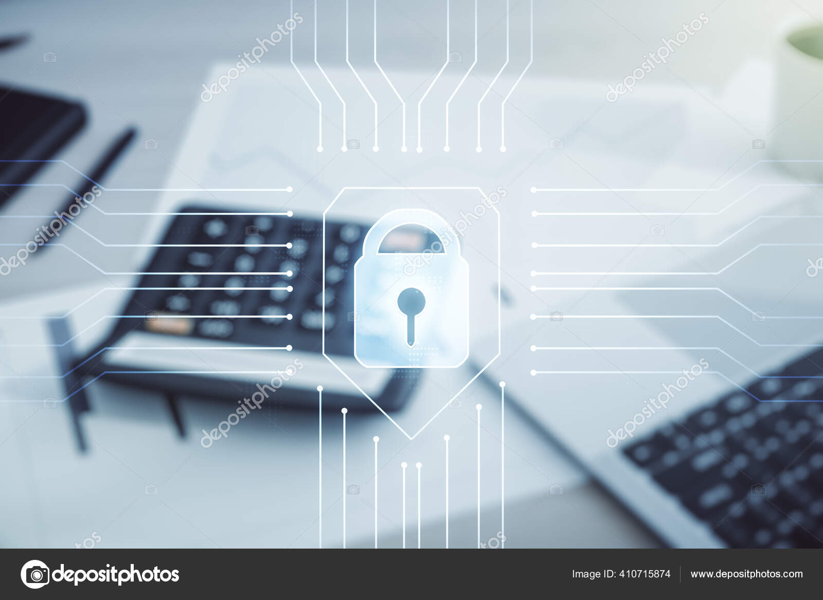 Virtual creative lock illustration with microcircuit on blurry ...