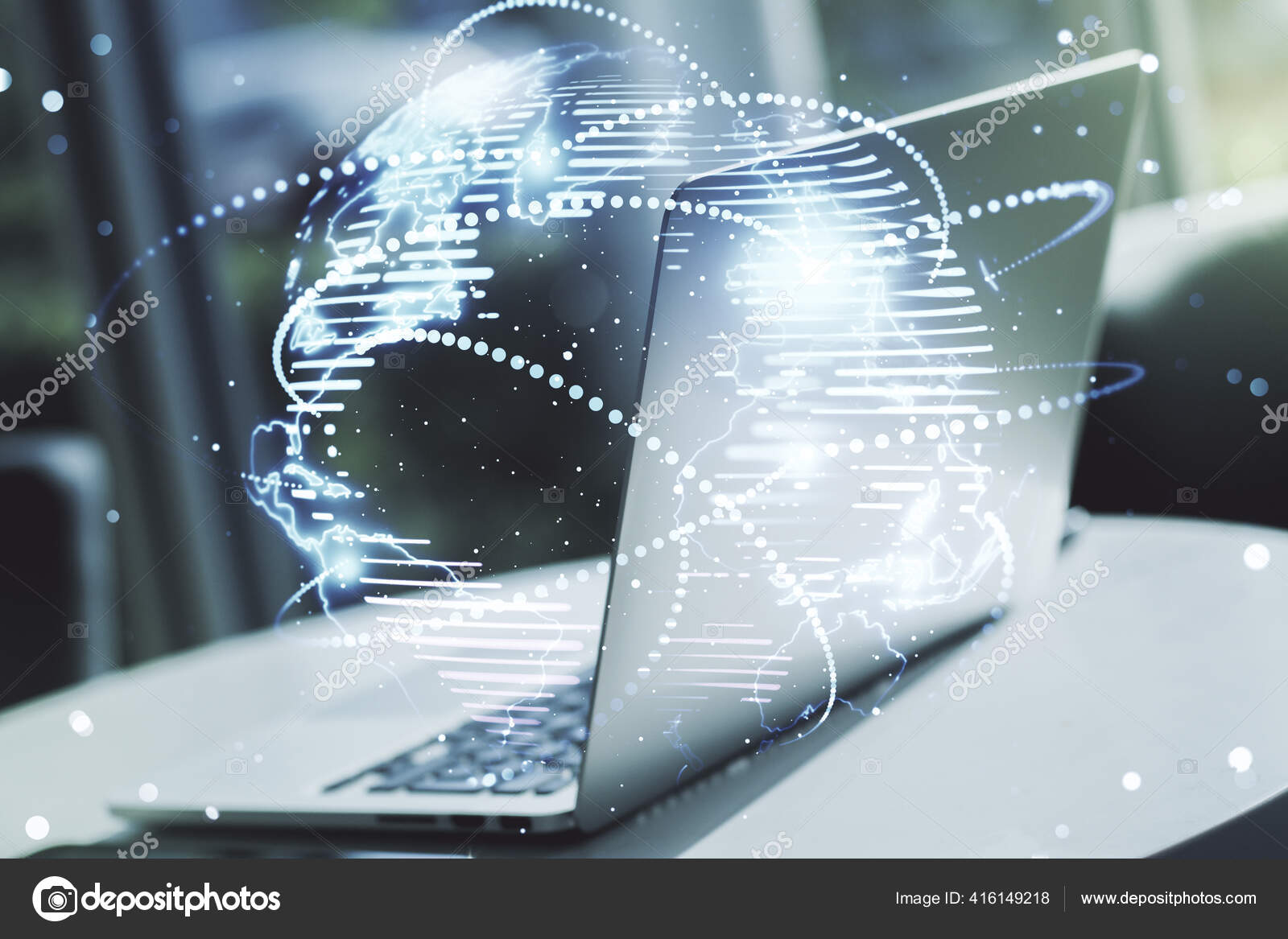 Abstract graphic digital world map with connections on modern computer ...