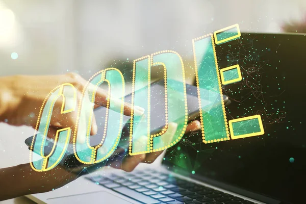 Creative Code word hologram on modern computer background, artificial ...