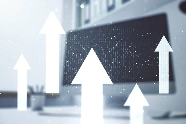 Creative abstract upward arrows hologram and modern desktop with pc on ...