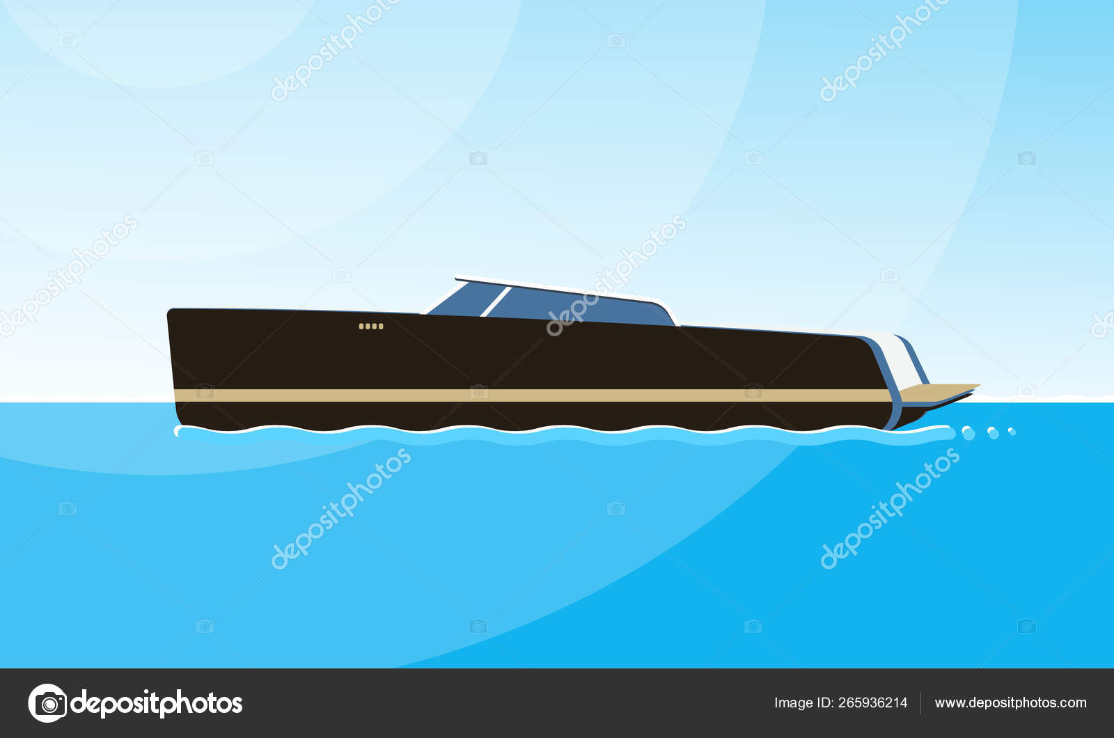 Realistic flat style illustration of the side view of black motorboat ...