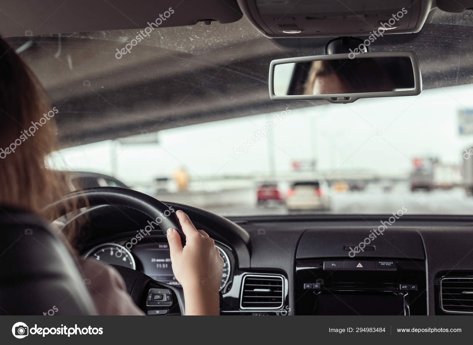 Woman Driving Highway Bridge View Back Seat Car — Stock Photo ...