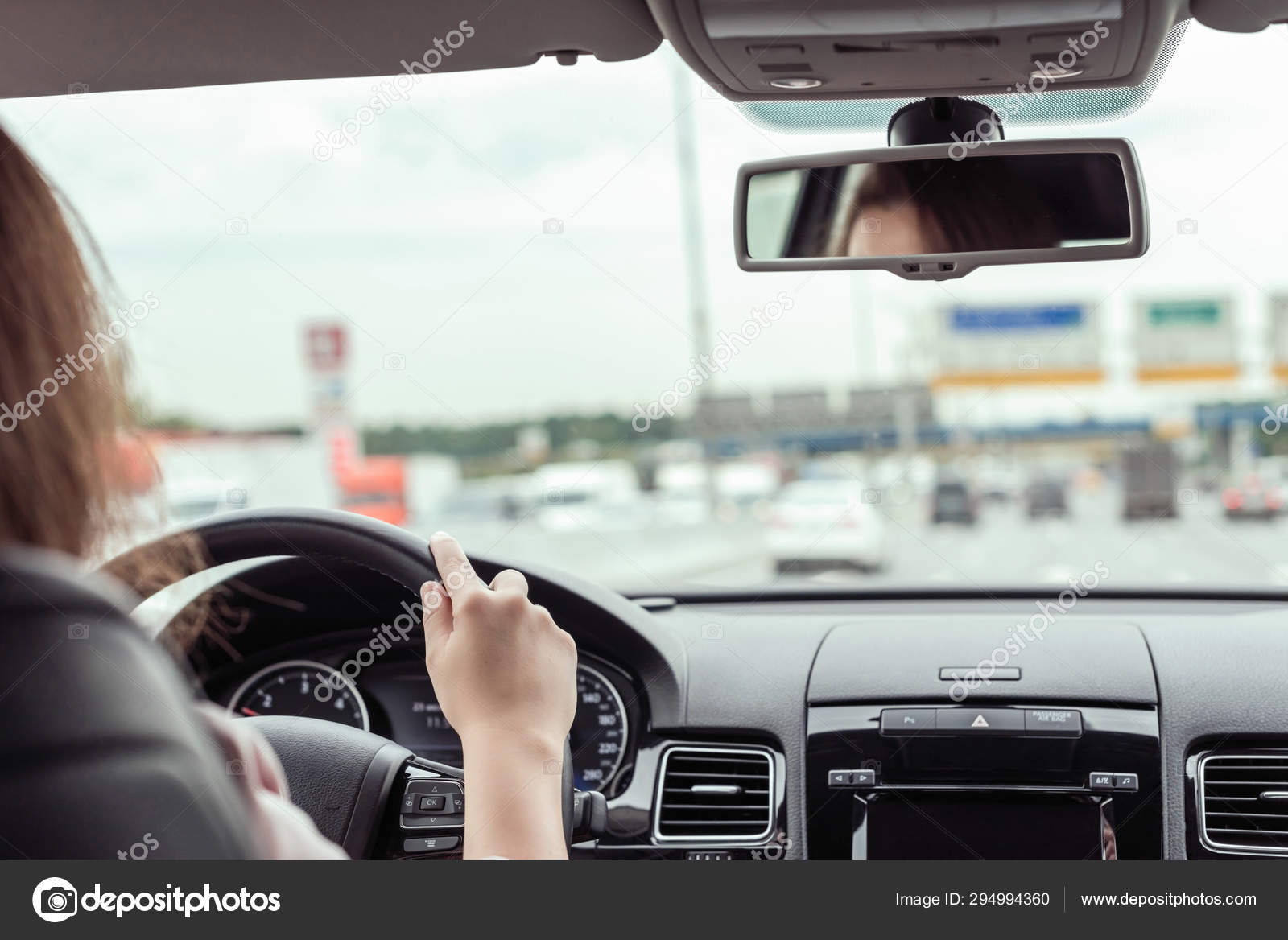 Woman Driving Highway Bridge View Back Seat Car — Stock Photo ...