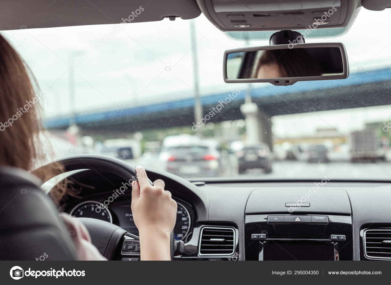 Woman Driving Highway Bridge View Back Seat Car — Stock Photo ...