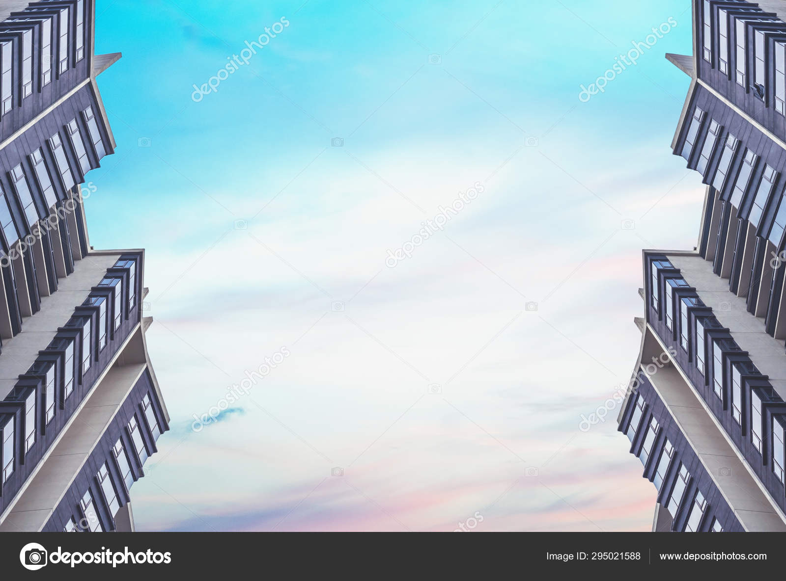 Bottom View Two Symmetrical Tall Buildings Each Other Background Sunset ...