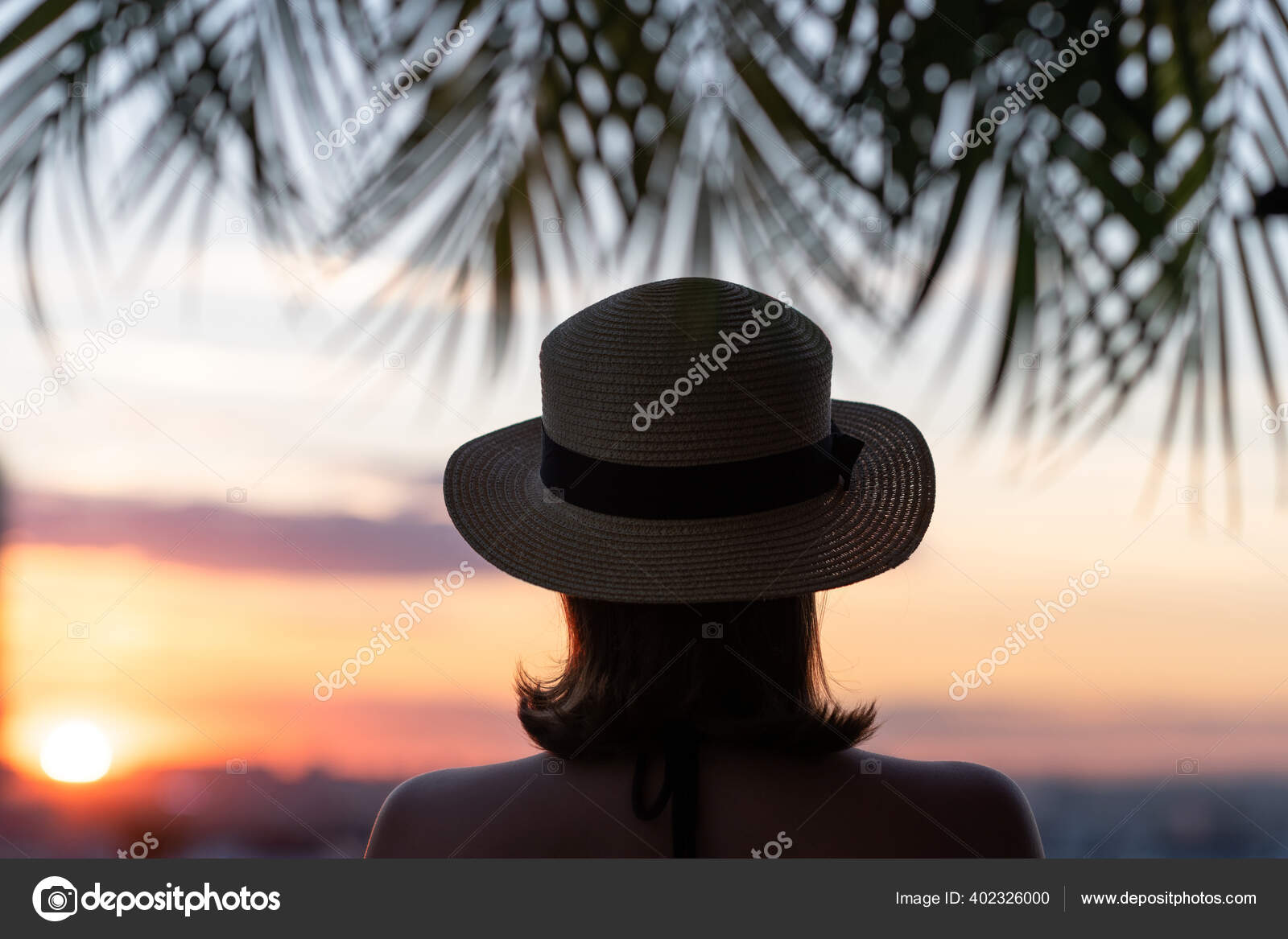 Back View Beautiful Girl Straw Hat Background Sea Branches Palm Stock ...