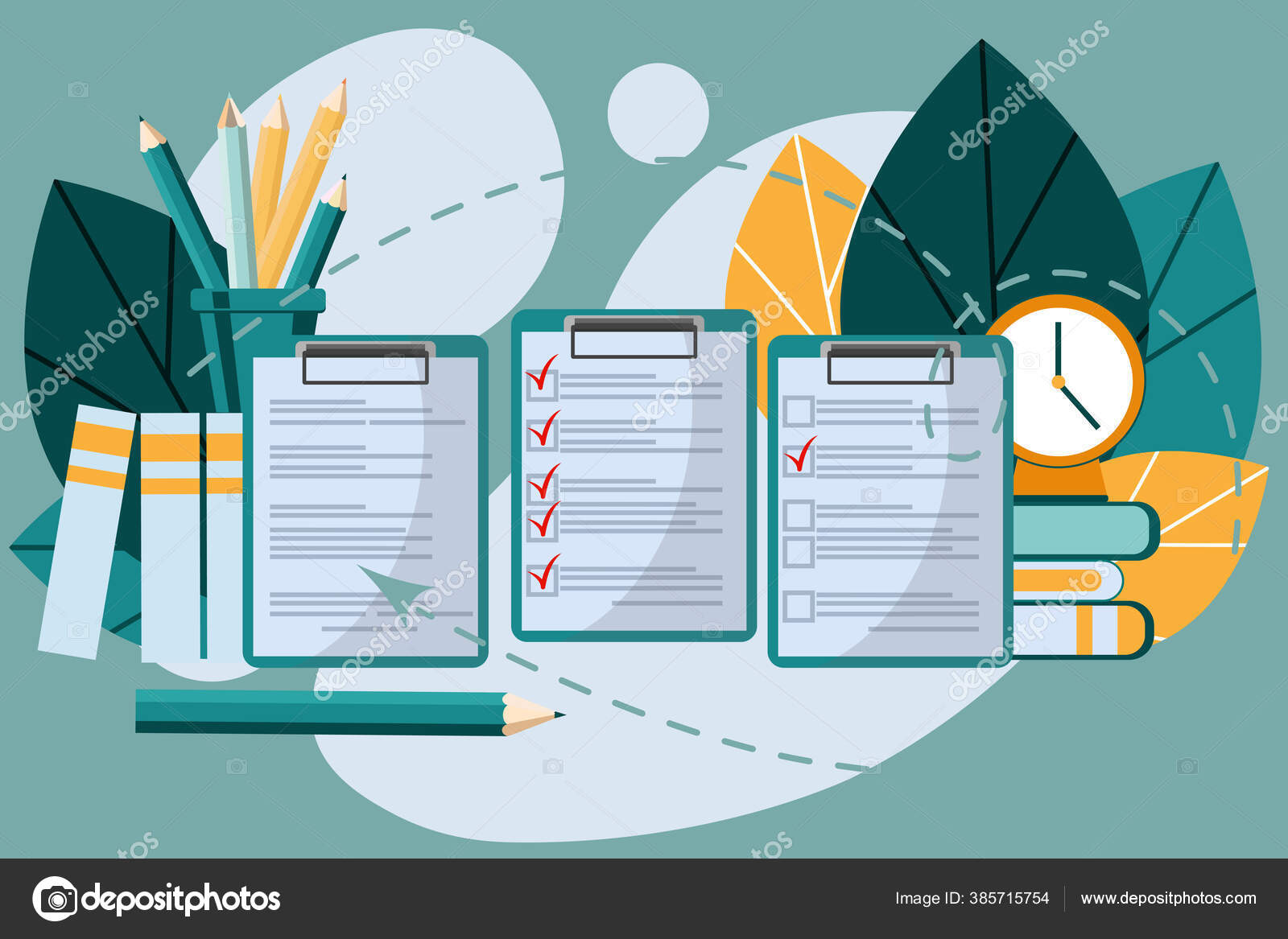 Interview. Checklist Concept. Hours, folders and stacks of books. Stock ...